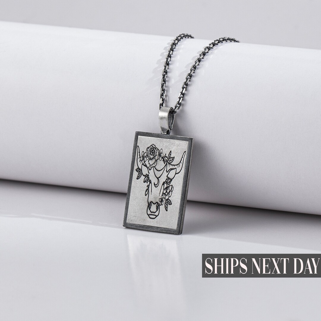Taurus Bull Silver Mens Engraved Charm Necklace, Unique Zodiac Necklace ...