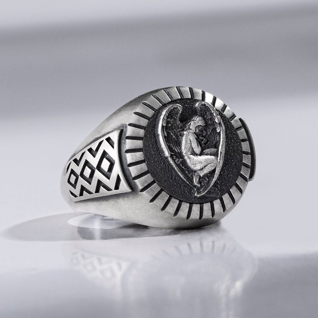 Guardian Angel Engraved Sterling Silver Signet Ring for Men, Unique ...