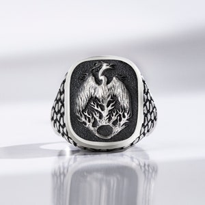 Sterling Silver Phoenix Signet Ring Men, Unique Fantasy Rings for Men ...