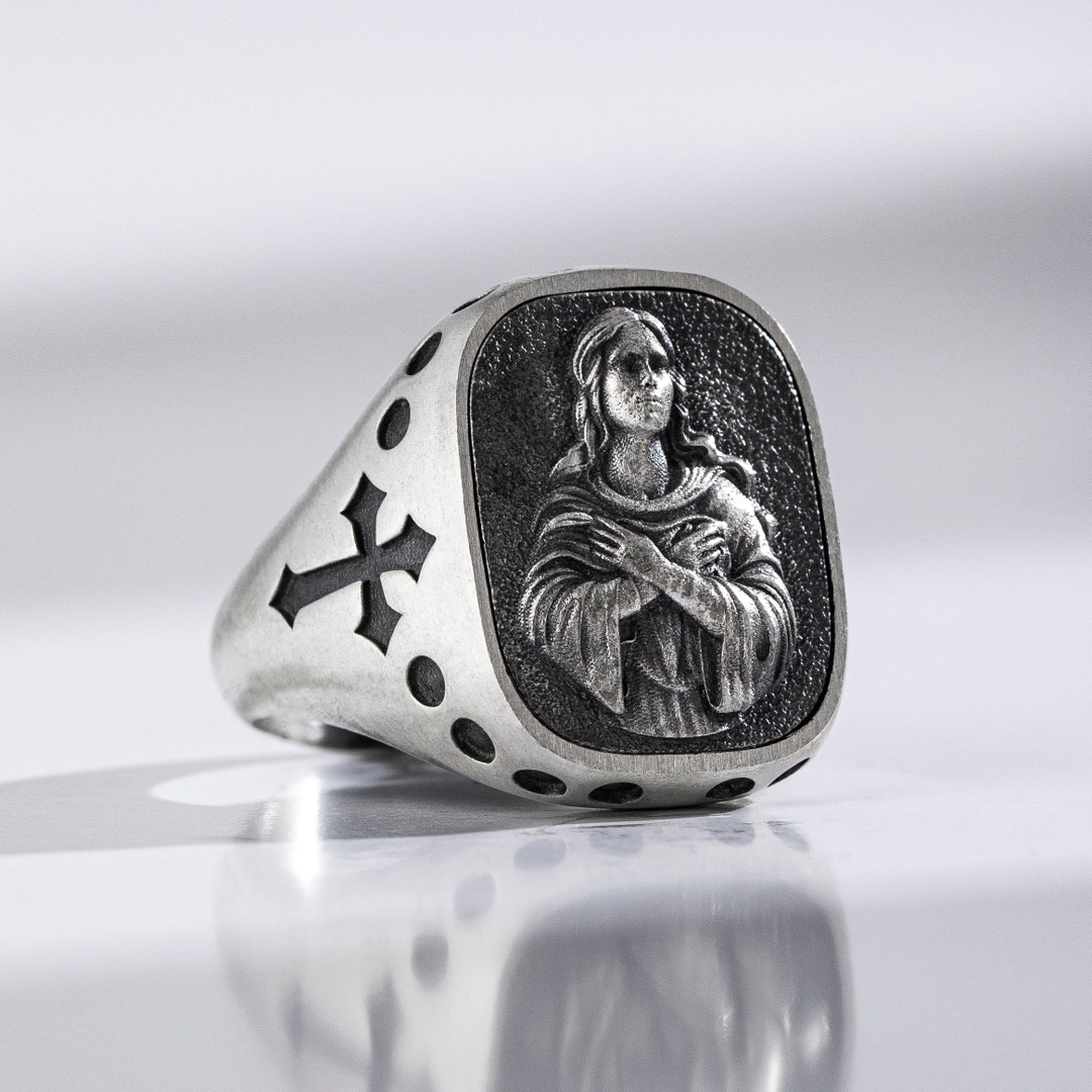 Virgin Mary Signet Ring in Sterling Silver, Religious Dainty Cross Ring ...