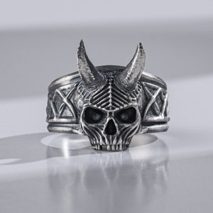 Demon Skull Mens Ring in Sterling Silver, Handmade Gothic Devil Skull ...