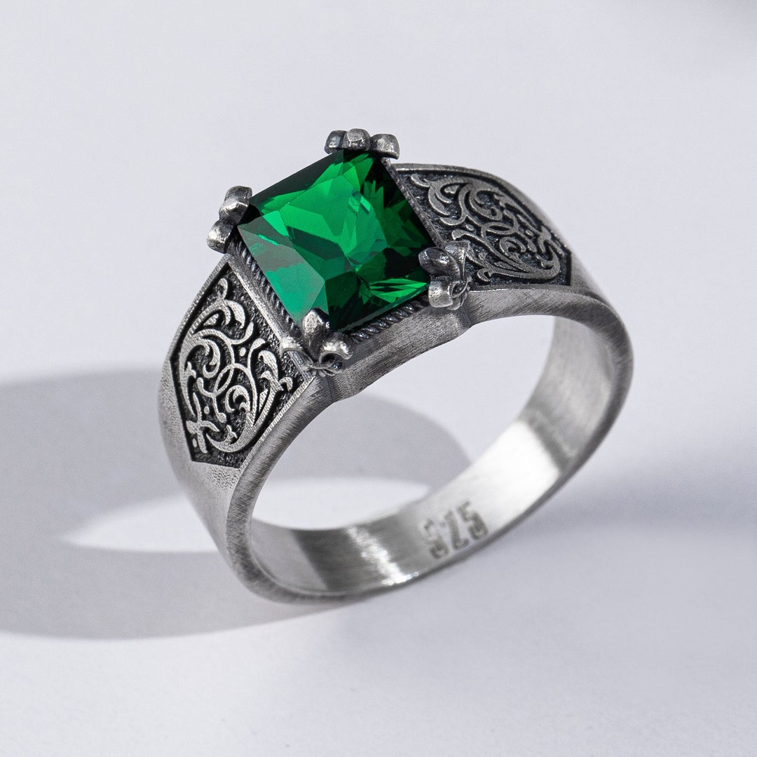 Antique Mens Emerald Signet Silver Ring for Men, Unique Gemstone Promise Ring for Boyfriend ...