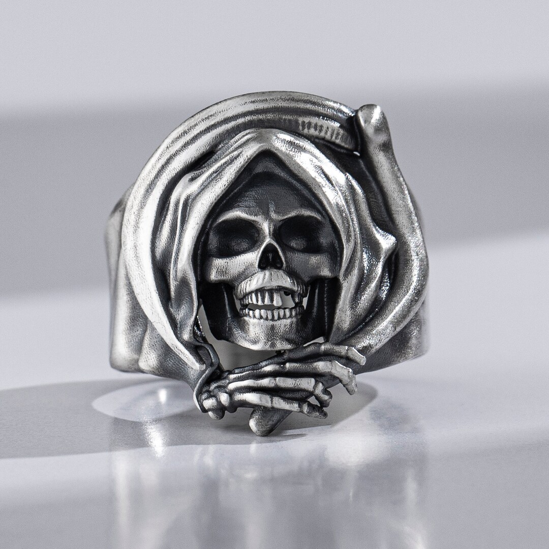 Grim Reaper Skull Ring for Men in Oxidized Silver, Biker Goth Ring for ...