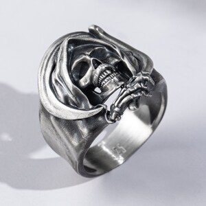 Grim Reaper Skull Ring for Men in Oxidized Silver, Biker Goth Ring for ...