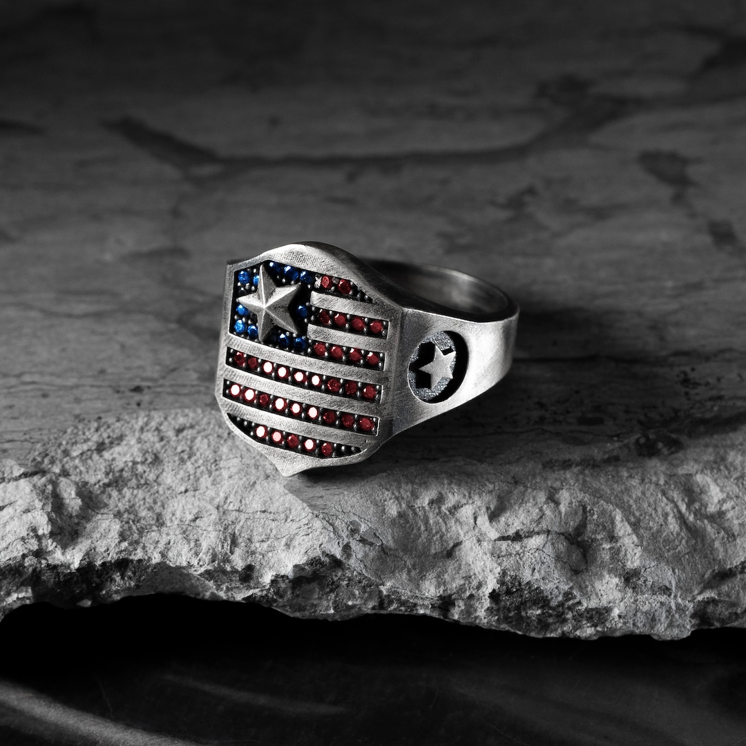 American Flag Silver Mens Stone Ring, Sterling Silver Engraved Ring ...