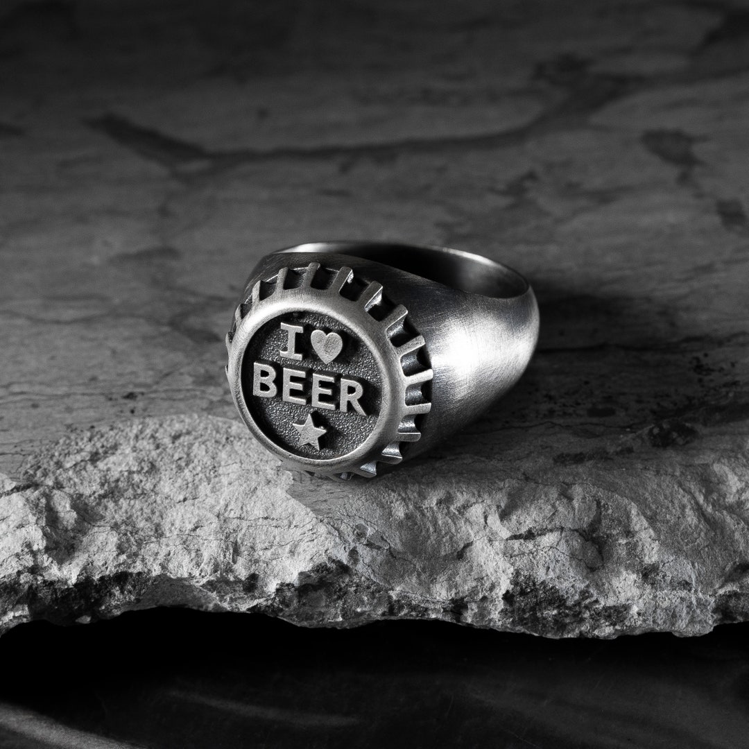 Beer Bottle Cap Mens Signet Ring, Personalized Sterling Silver ...
