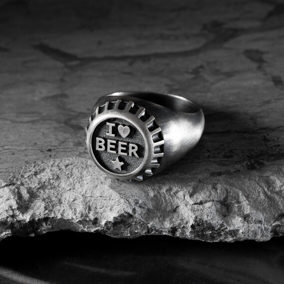Beer Bottle Cap Mens Signet Ring Personalized Sterling Silver - Etsy