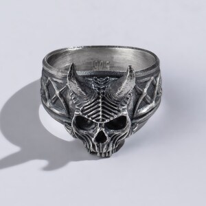 Demon Skull Mens Ring in Sterling Silver, Handmade Gothic Devil Skull ...