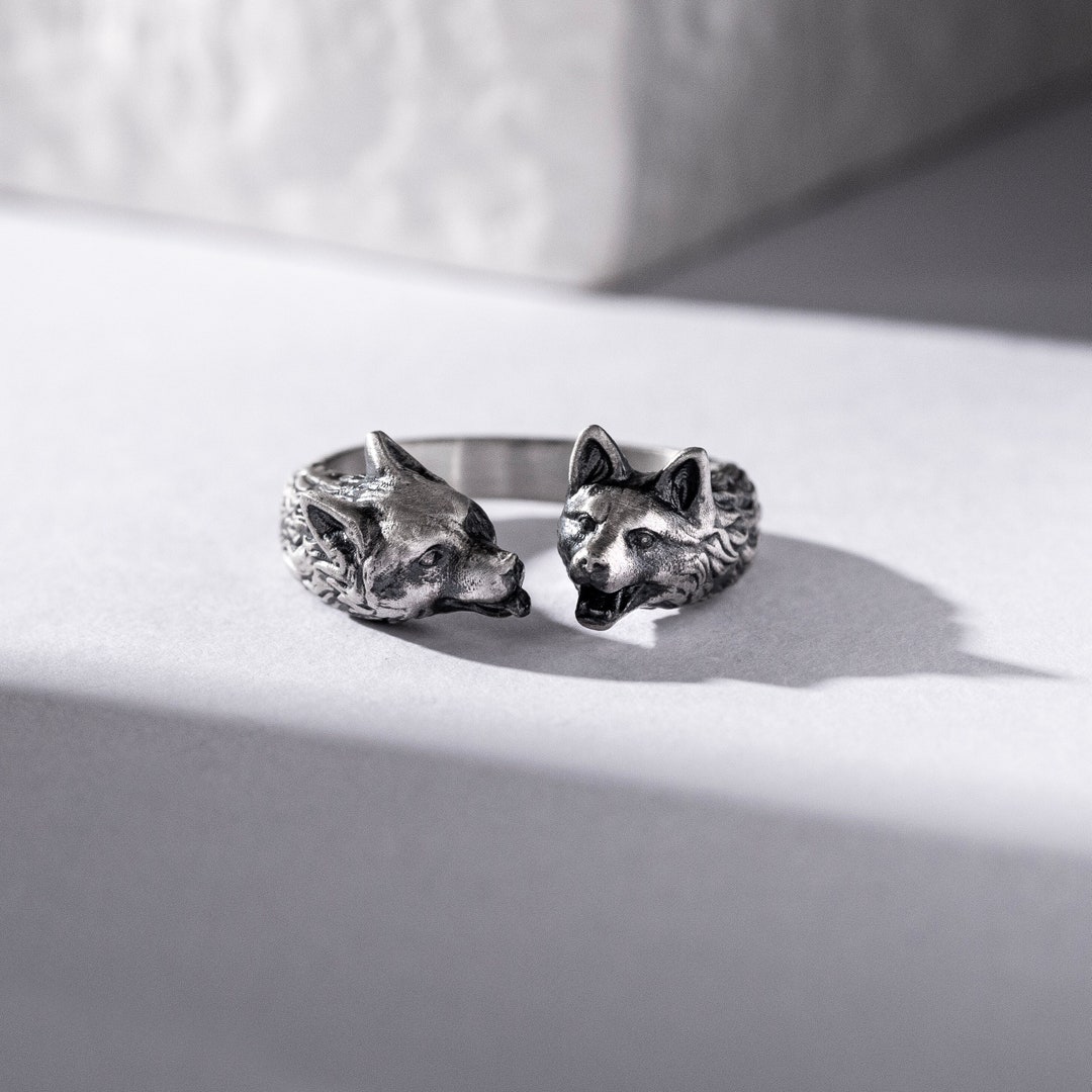 Two Headed Wolf Ring Men in Sterling Silver, Unique Animal Band Ring ...