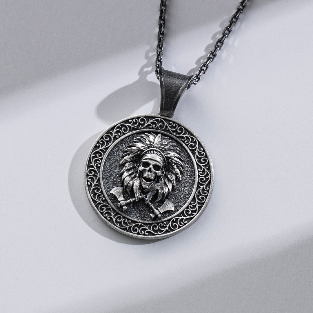 American Native Skull Unique Goth Coin Necklace for Men in Silver ...