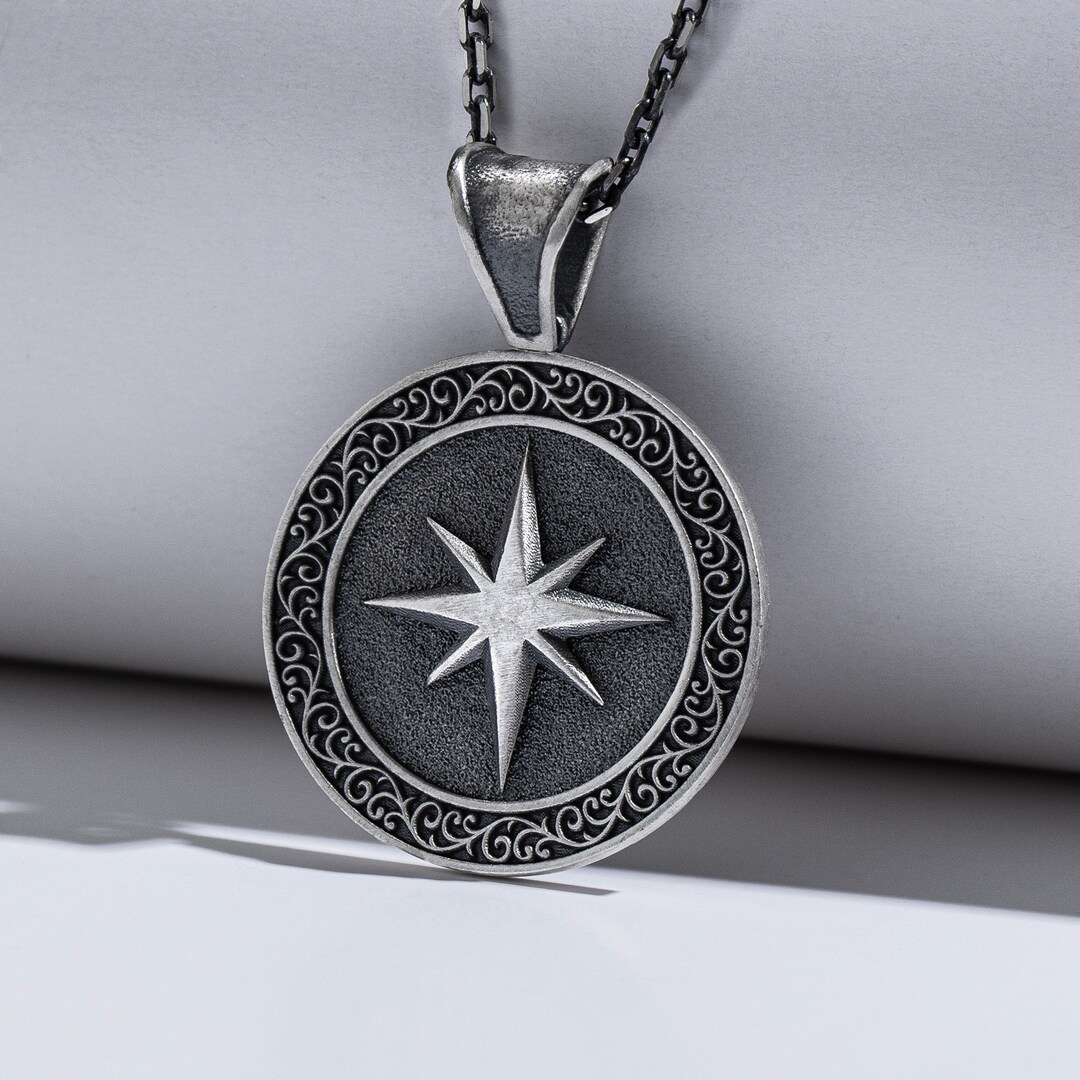 North Star Engraved Coin Necklace for Men in 925 Silver, Unique ...