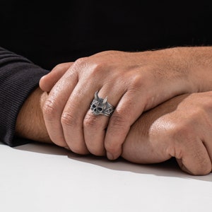 Demon Skull Mens Ring in Sterling Silver, Handmade Gothic Devil Skull ...
