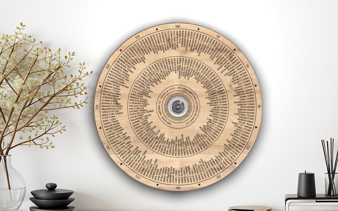 The Compass View – Wall Object Made of Oak With Distances to Cities ...