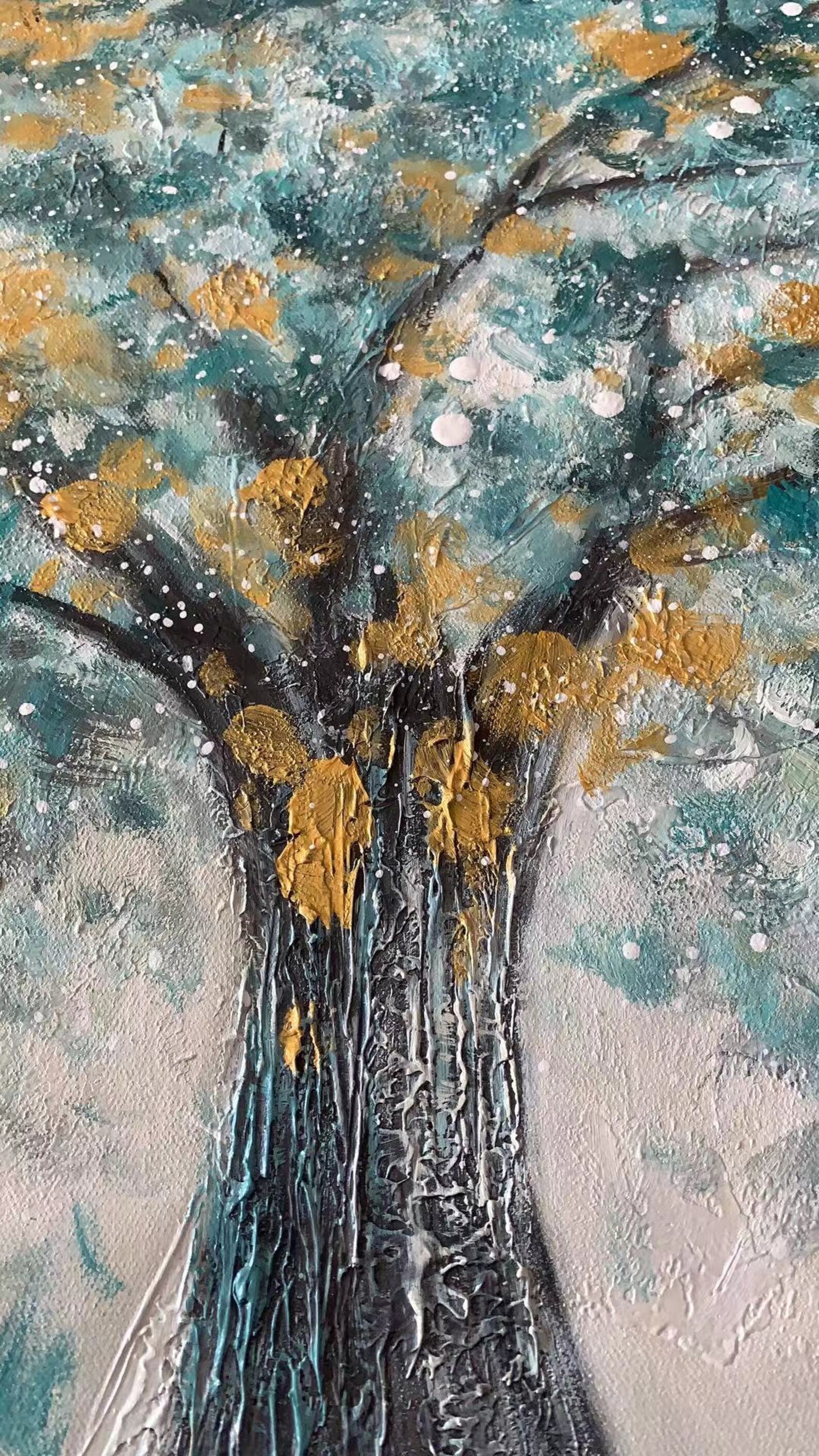 Gold Foil Blooming Banyan Tree Hand Painted, Original Canvas Teal Tree ...