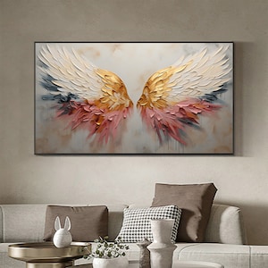 Textured Angel Wings Painting, Gold & Pastel Colors, Modern Abstract ...