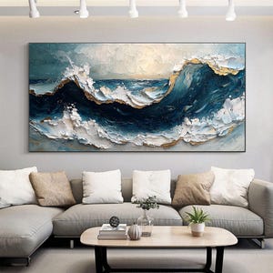 Hand-painted Impasto 3D Ocean Wave Painting on Canvas, Large Original ...