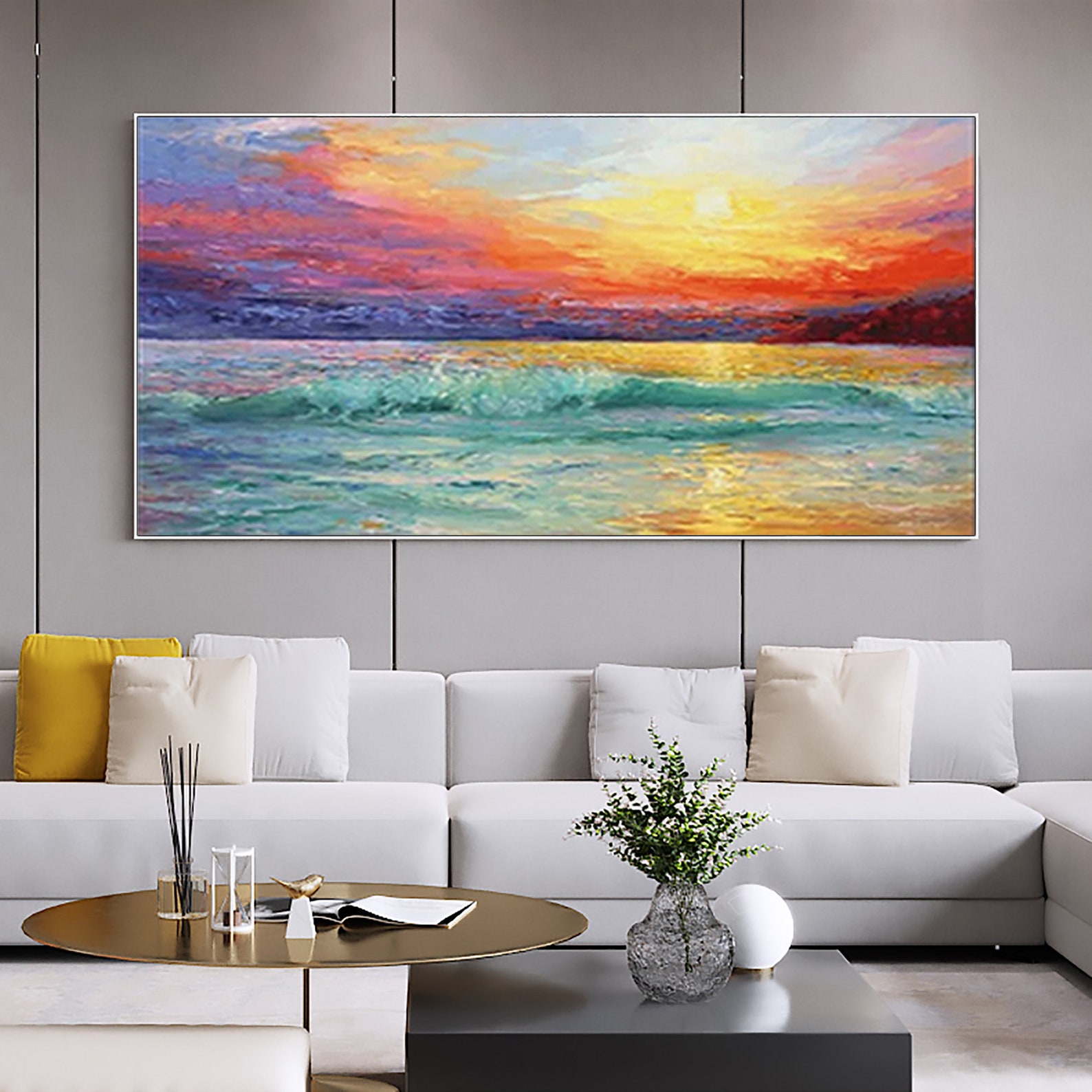 Abstract Sunrise Ocean Oil Painting on Canvas, Large Original Custom ...