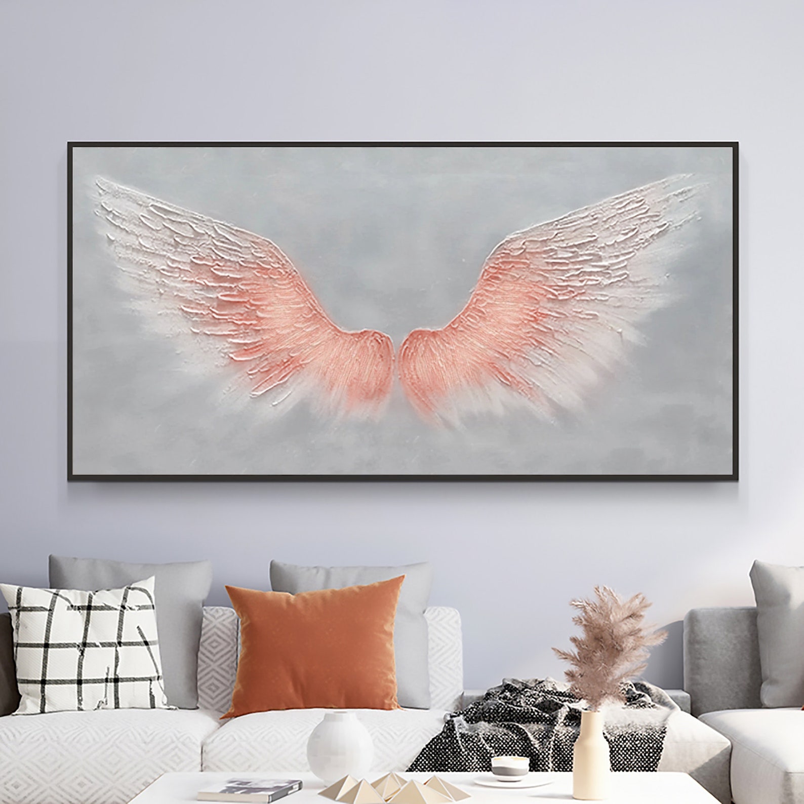 Large Pink Angel Wing Oil Painting on Canvas, Abstract Original Modern ...