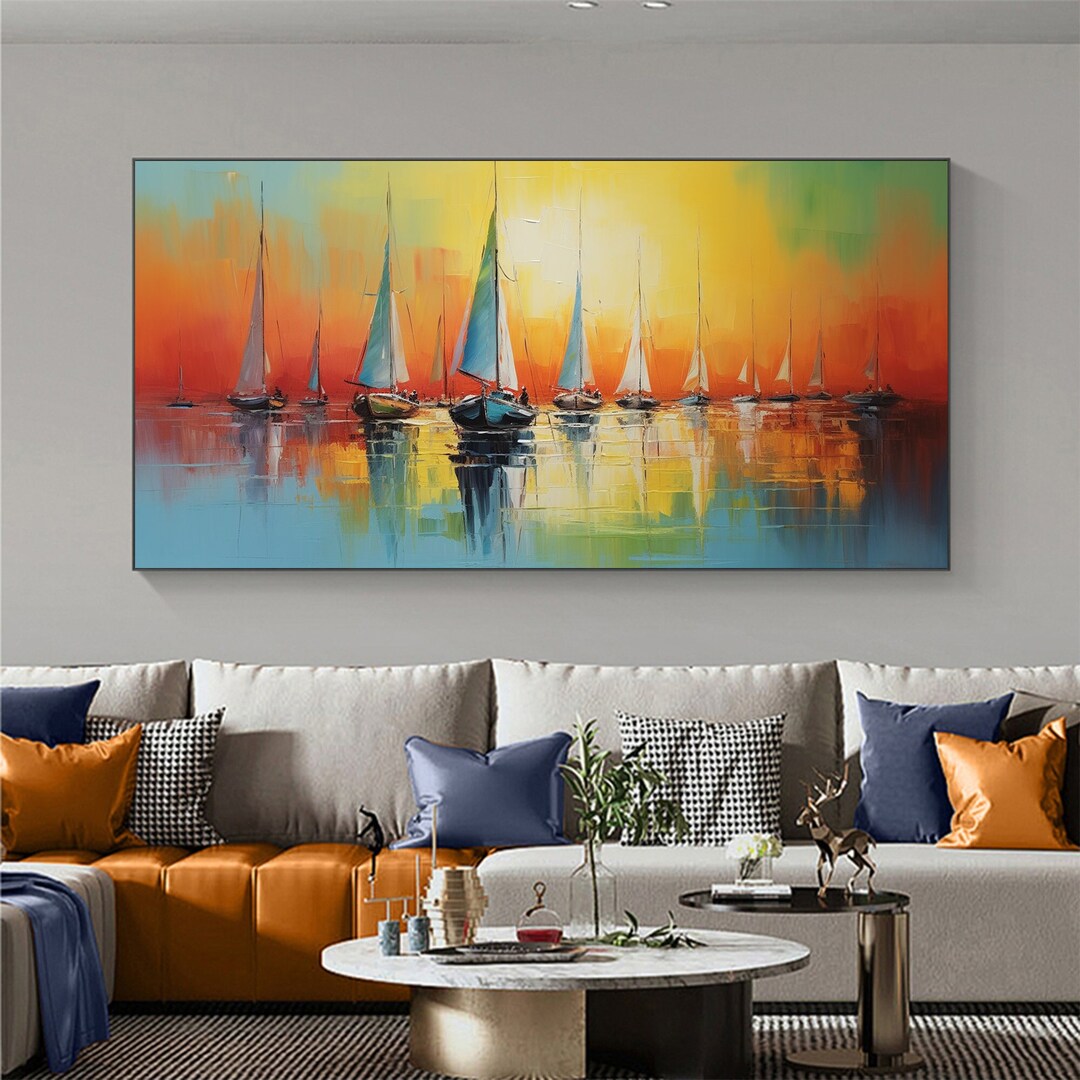 Abstract Sailboat Oil Painting on Canvas, Large Wall Art Original ...