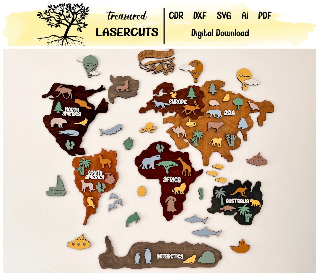 Laser Cut World Map Wall Decor Svg, Children's Room 3D Wall World Map ...