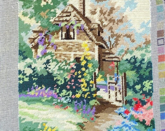 Vintage Completed Needlepoint Landscape Canvas Beautiful Cottage With ...