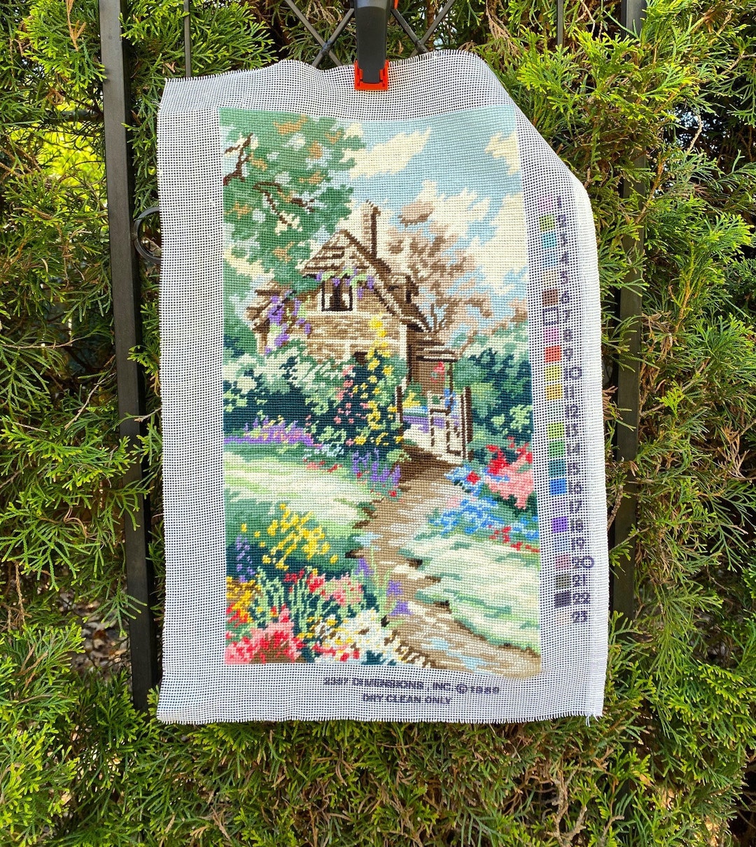 Vintage Completed Needlepoint Landscape Canvas Beautiful Cottage With ...