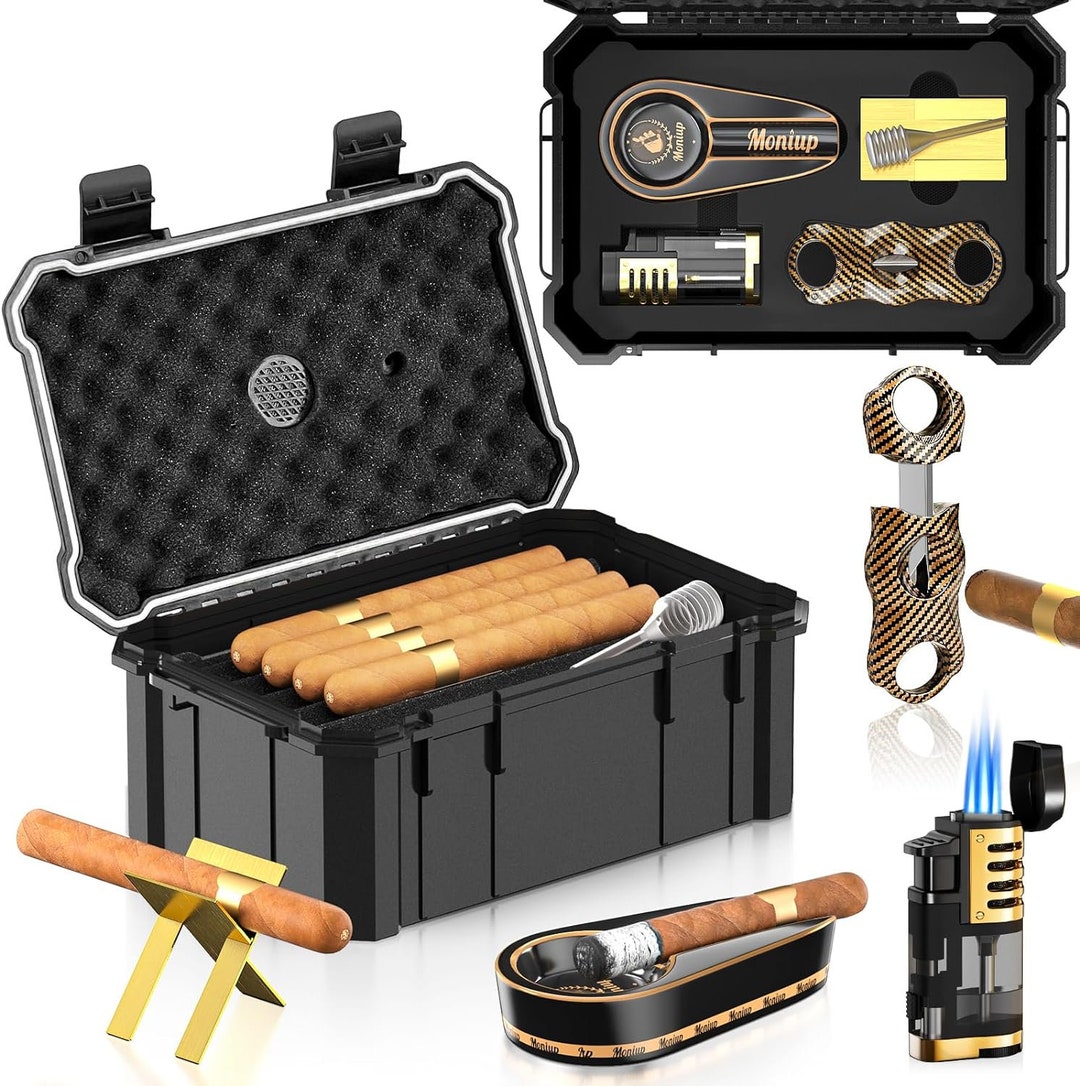 Travel Cigar Humidor Set With Torch Cigar Lighter V Cigar Cutter, Cigar ...