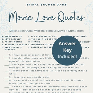 Movie Love Quotes Bridal Game, Match the Movie Love Quotes Bridal Game ...