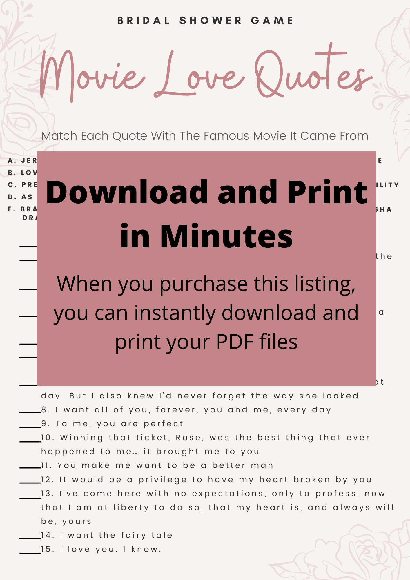 Movie Love Quotes Bridal Shower Game, Match the Movie Love Quote Game ...