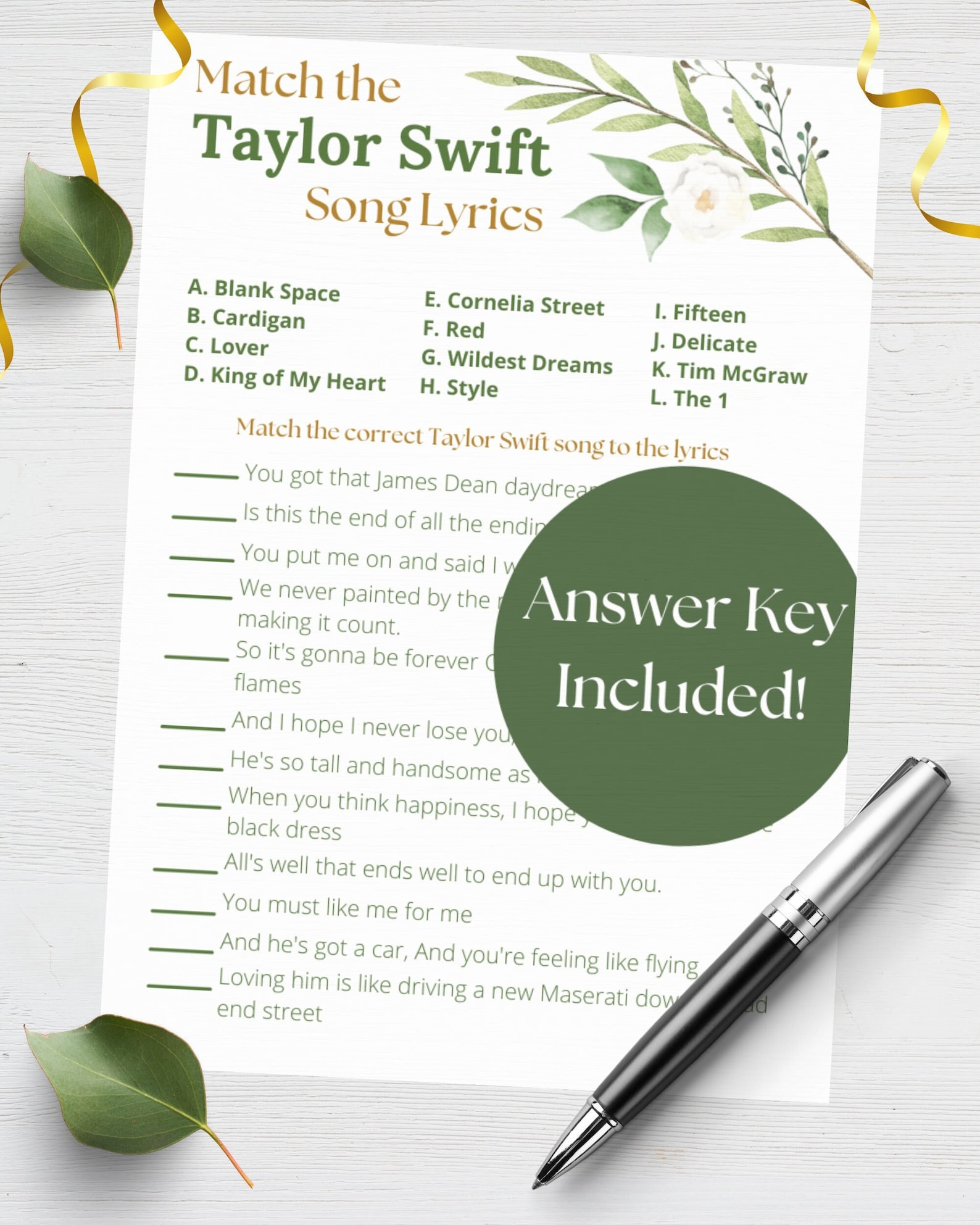 Match the Taylor Swift Song Lyrics Bridal Shower Game - Etsy