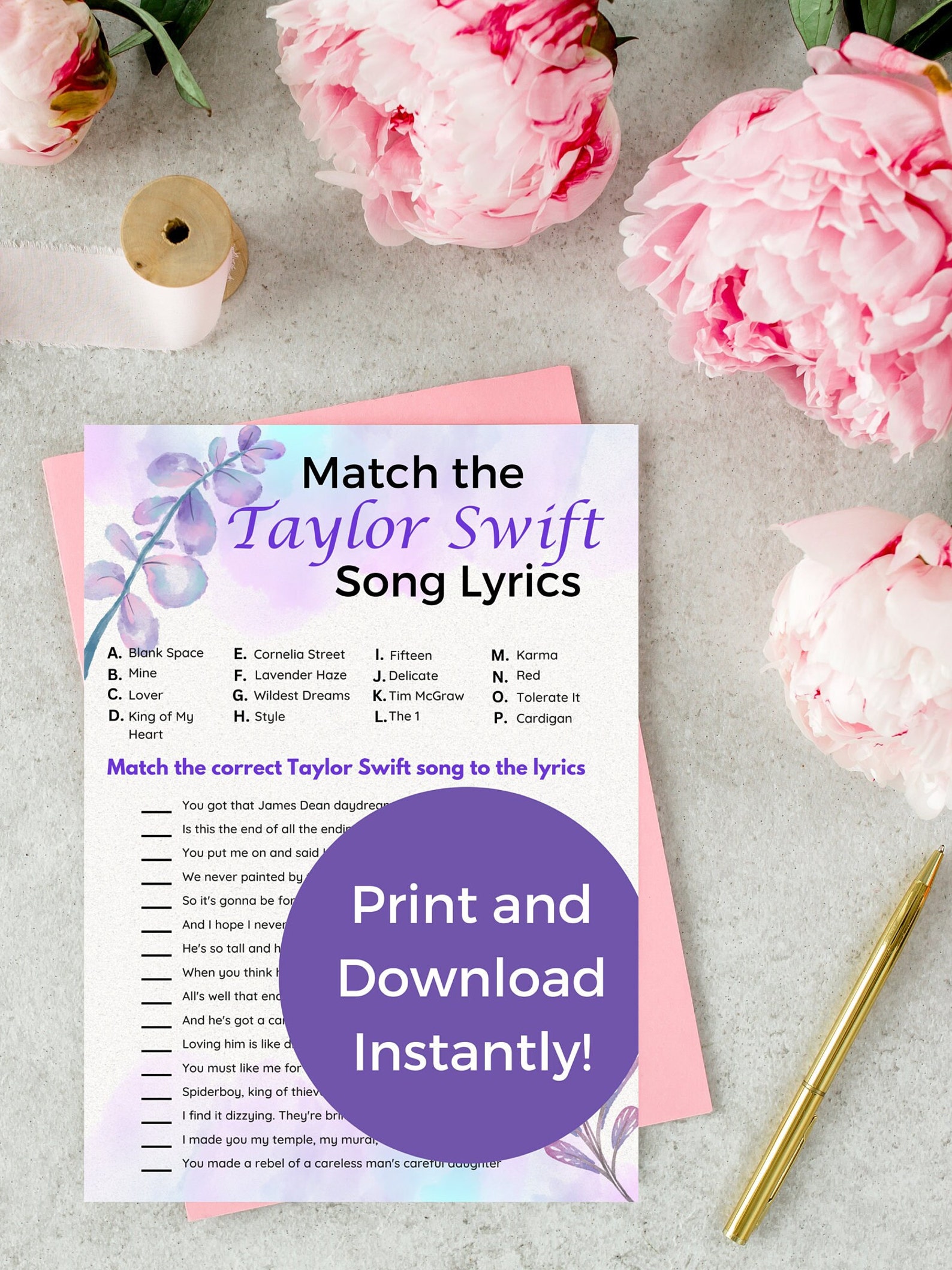 Match the Taylor Swift Song Lyrics Bridal Shower and Birthday Party ...