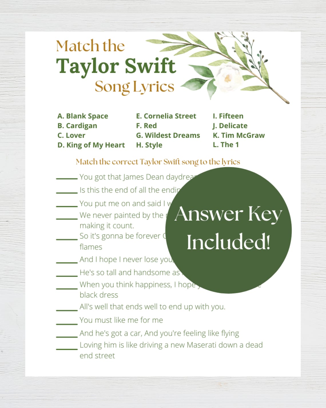 Match the Taylor Swift Song Lyrics Bridal Shower Game - Etsy