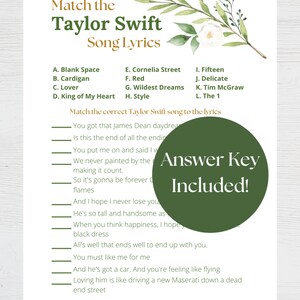 Match the Taylor Swift Song Lyrics Bridal Shower Game - Etsy