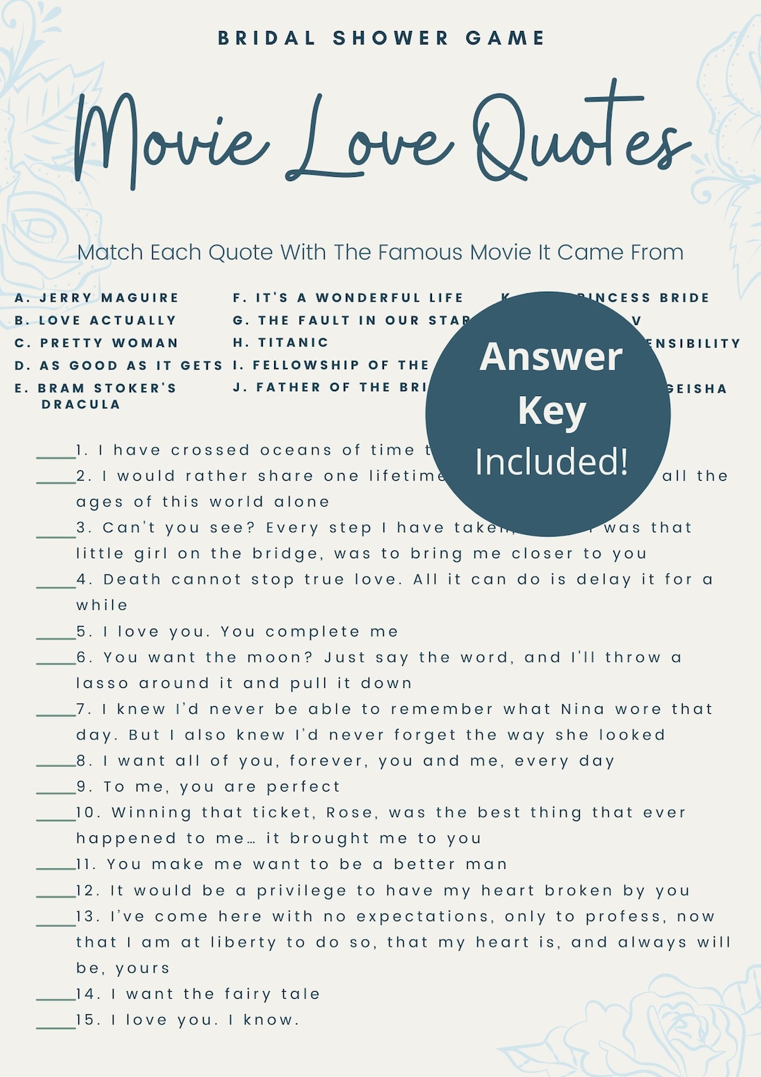 Movie Love Quotes Bridal Game, Match the Movie Love Quotes Bridal Game ...