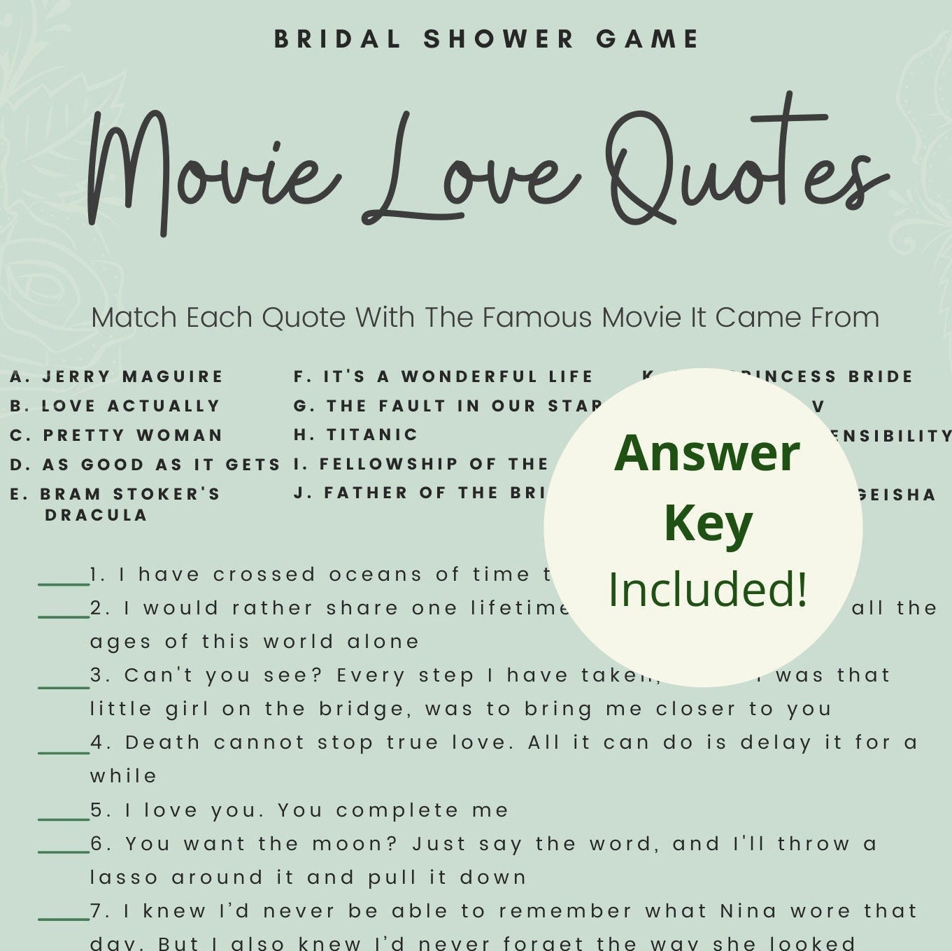 Match the Movie Love Quotes Bridal Shower Game, Download Bridal Shower ...