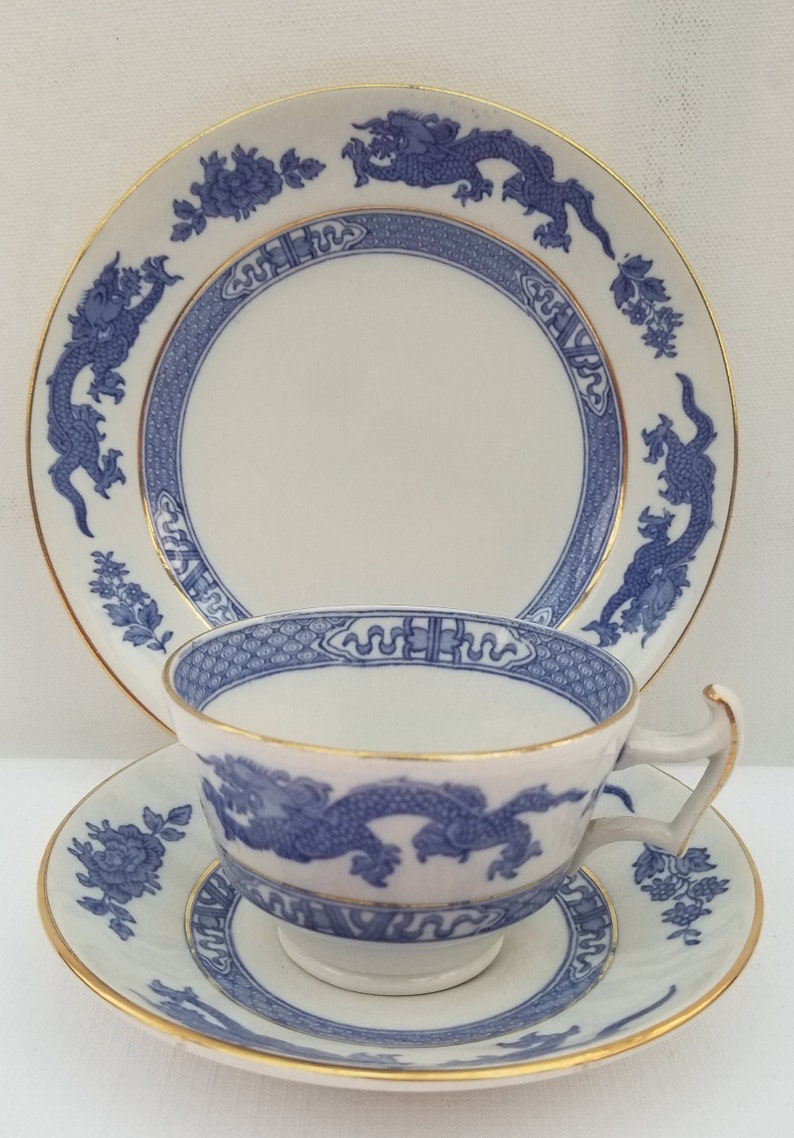 Tea Cup, Saucer and Cake/side Plate trio Blue Dragons on White China by ...