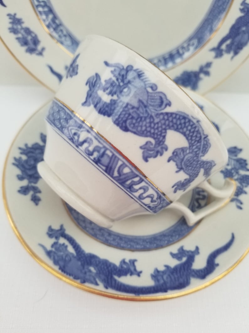 Tea Cup, Saucer and Cake/side Plate trio Blue Dragons on White China by ...