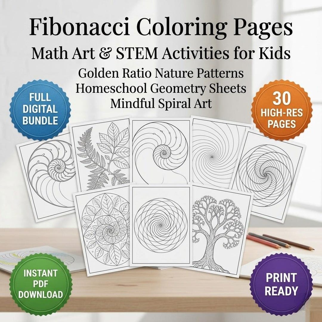 30 Page Fibonacci Math Art Bundle, Golden Ratio Coloring Sheets ...