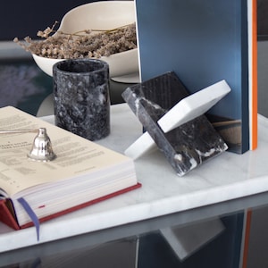Marble Book Holder, Black and White Marble Bookend Natural Stone Stand ...