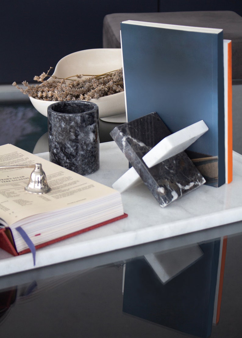 Marble Book Holder, Black and White Marble Bookend Natural Stone Stand ...