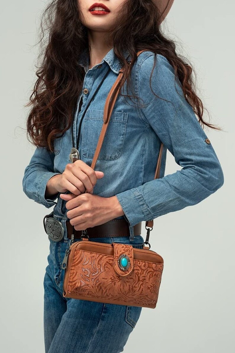 Tan Boho Western Crossbody Turquoise Bag, Vegan Crossbody Bag, Bag With ...