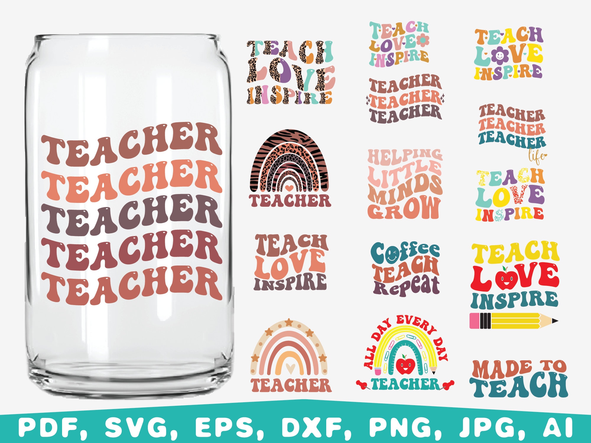 Teacher Glass Wrap Retro Svg 16oz Can Glass Svg Coffee - Etsy