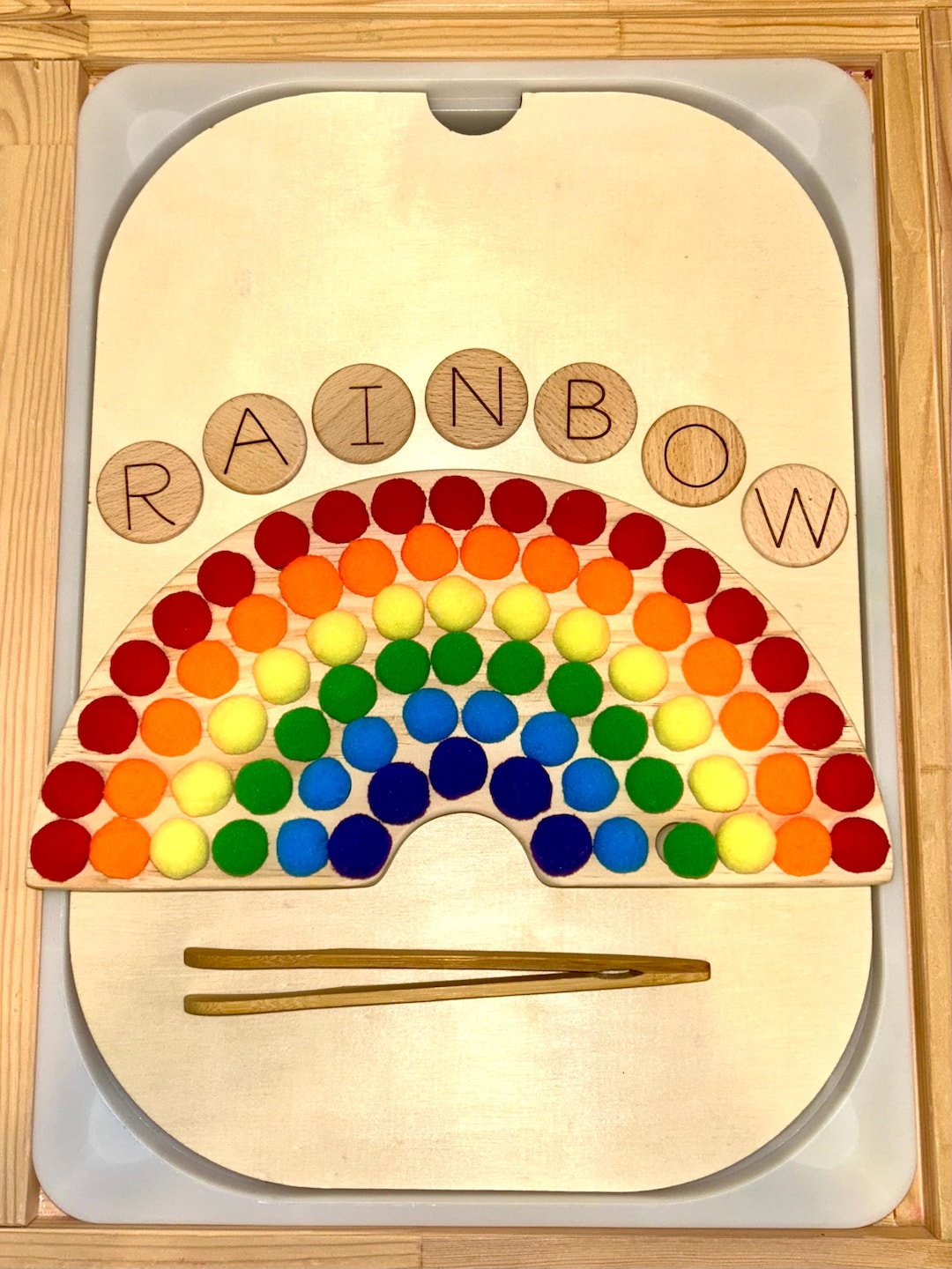 Wooden Rainbow Color Sorter Toy With Pompoms & Wood Tweezers ...