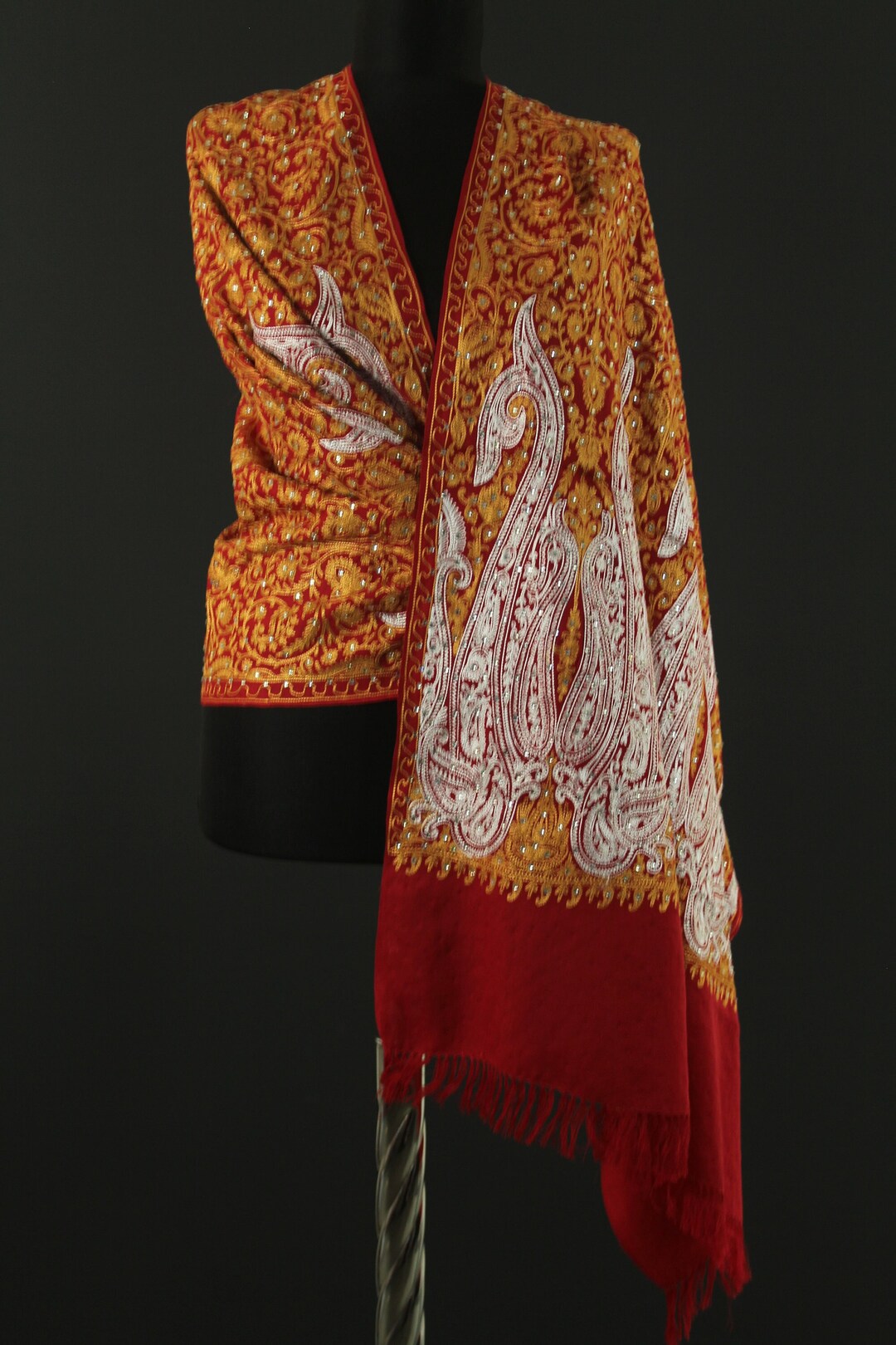 Embroidered Kashmiri Scarf, Sequined Handmade Shawl, Wool Shawl, Gift ...