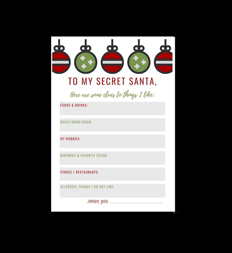 Secret Santa * Christmas Game Card * Printable * Digital Download - Etsy