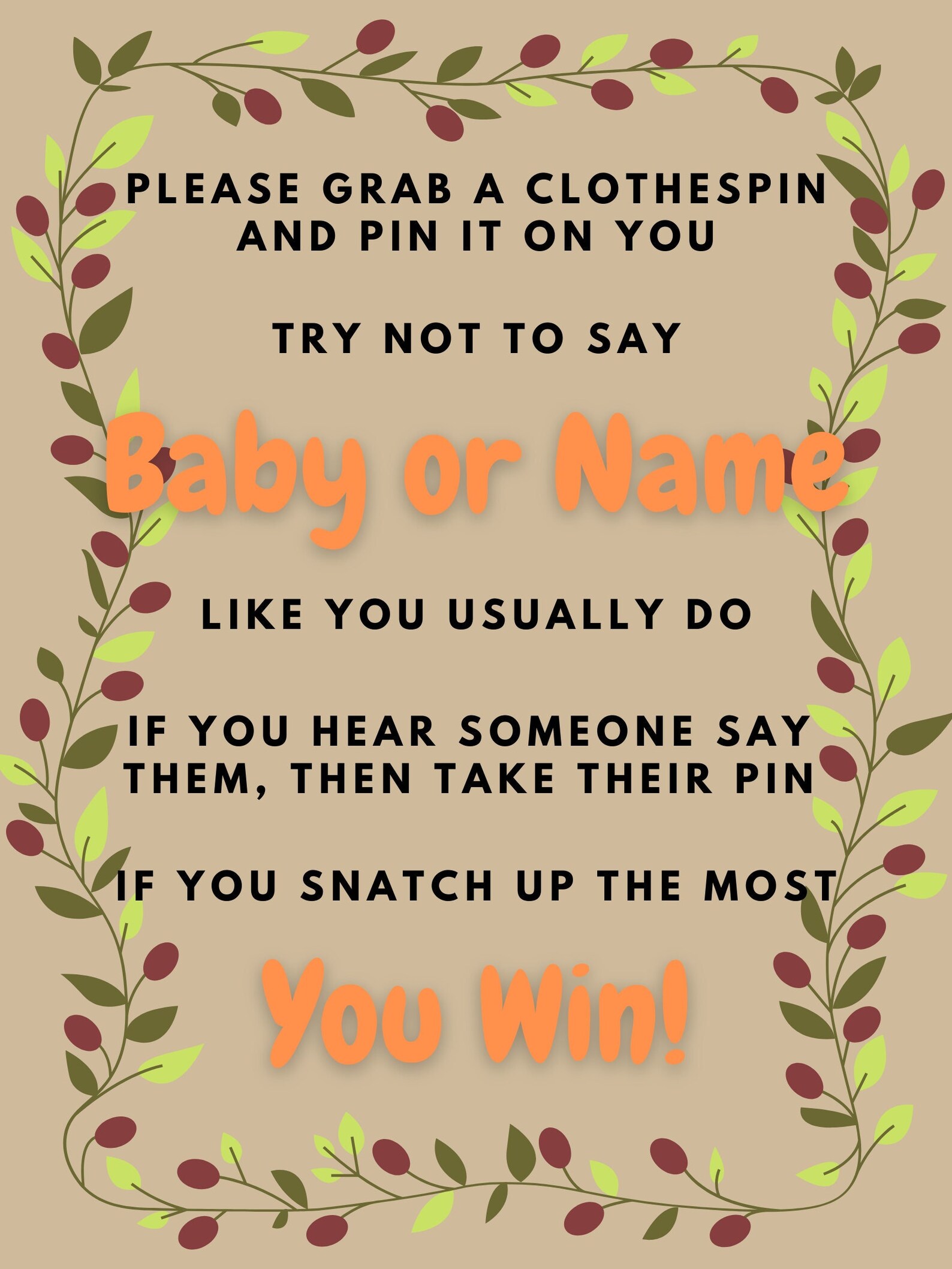 Clothespin Baby Shower Game * Printable * Name Game * Digital Download ...