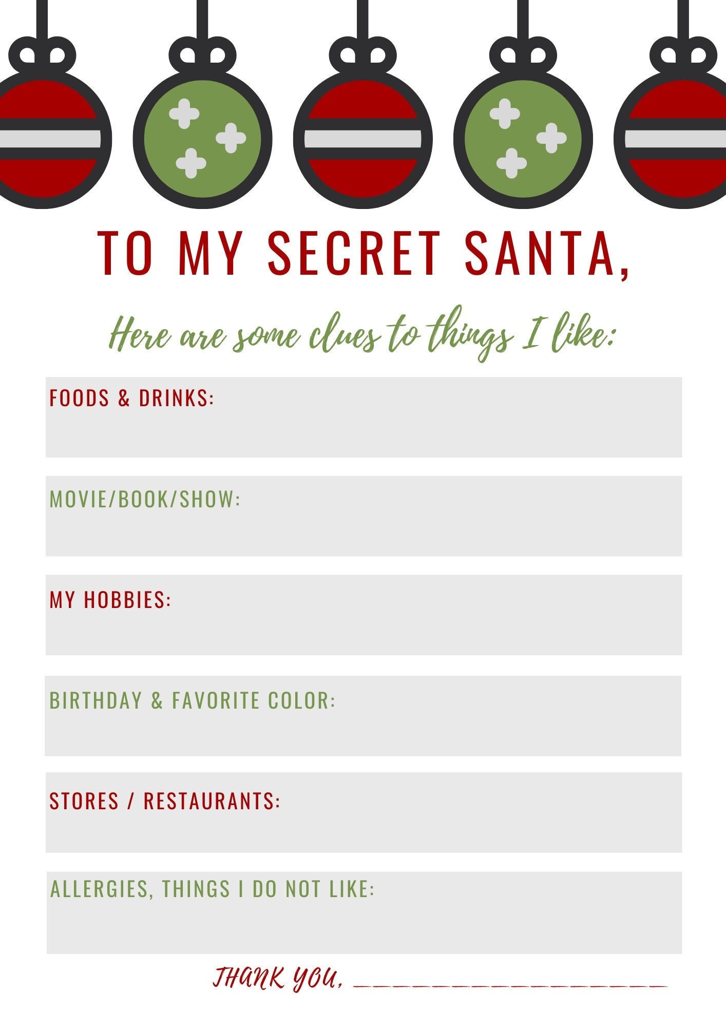 Secret Santa * Christmas Game Card * Printable * Digital Download - Etsy