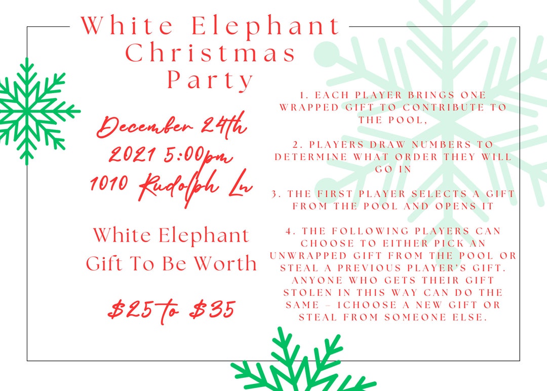 Classic White Elephant Christmas Party Invitation * Printable ...