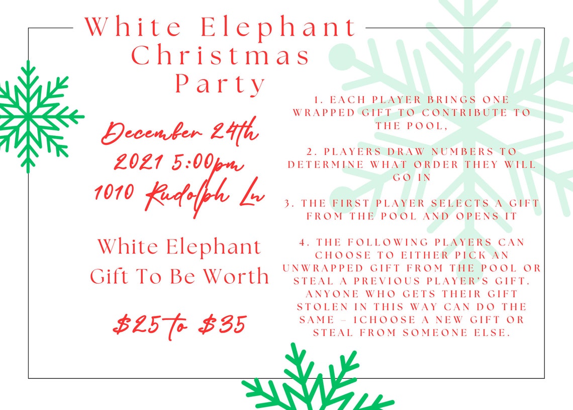 Classic White Elephant Christmas Party Invitation * Printable ...