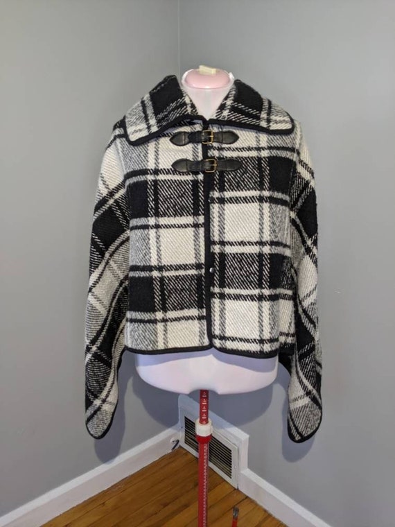 Black and White Wool Plaid Cloak - Gem